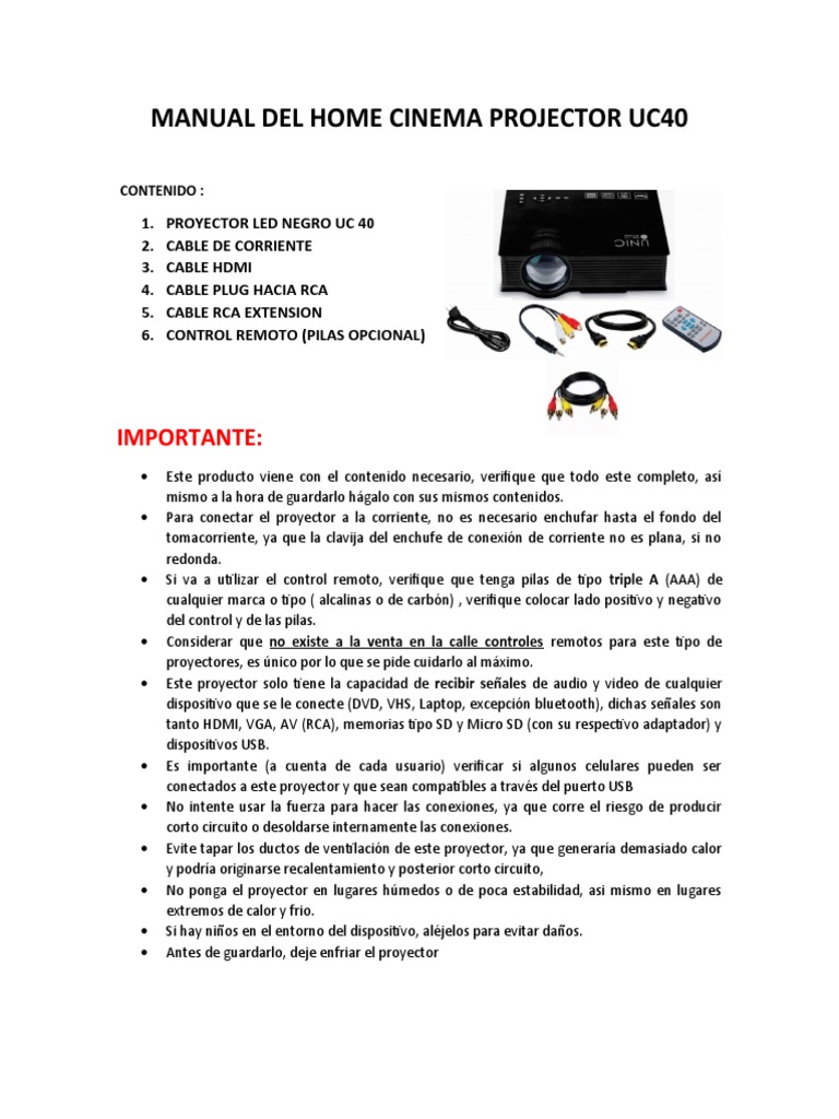 Manual Del Home Cinema Projector Uc40 | PDF | Hdmi | USB
