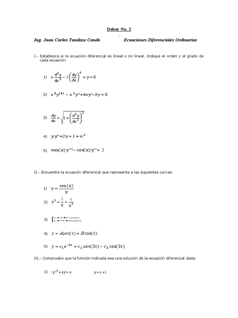 Deber 2 de EDO | PDF | Ecuaciones diferenciales | Ecuaciones