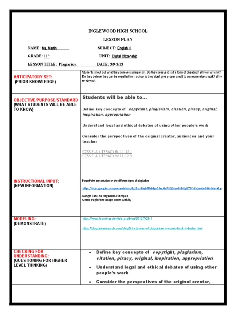 Lesson Plan Plagiarism | PDF | Plagiarism | Lesson Plan
