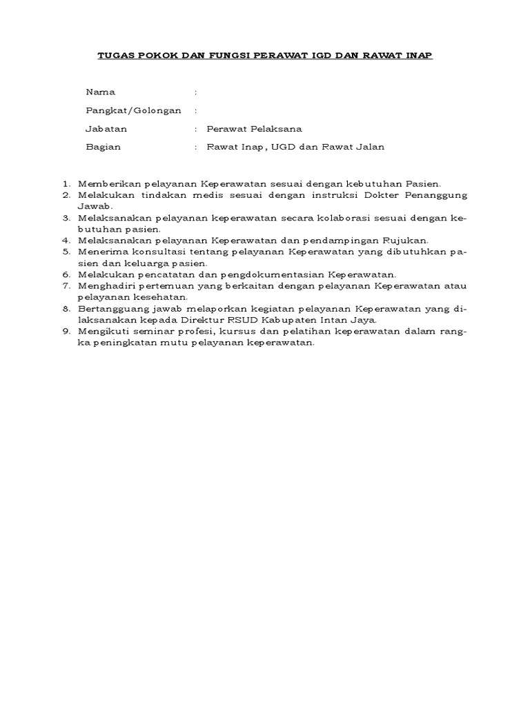 Tugas Pokok Dan Fungsi Perawat Igd Dan Rawat Inap | PDF