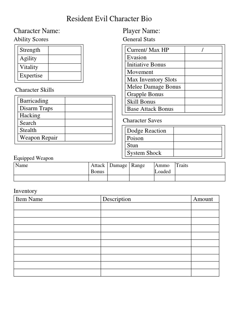 RE RPG V2.0 Character Sheet | PDF