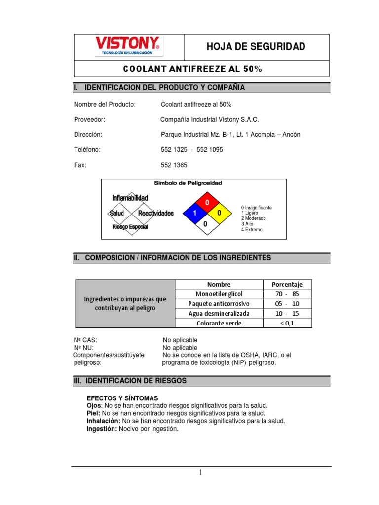 MSDS Coolant Antifreeze 50 | PDF | Agua | Residuos