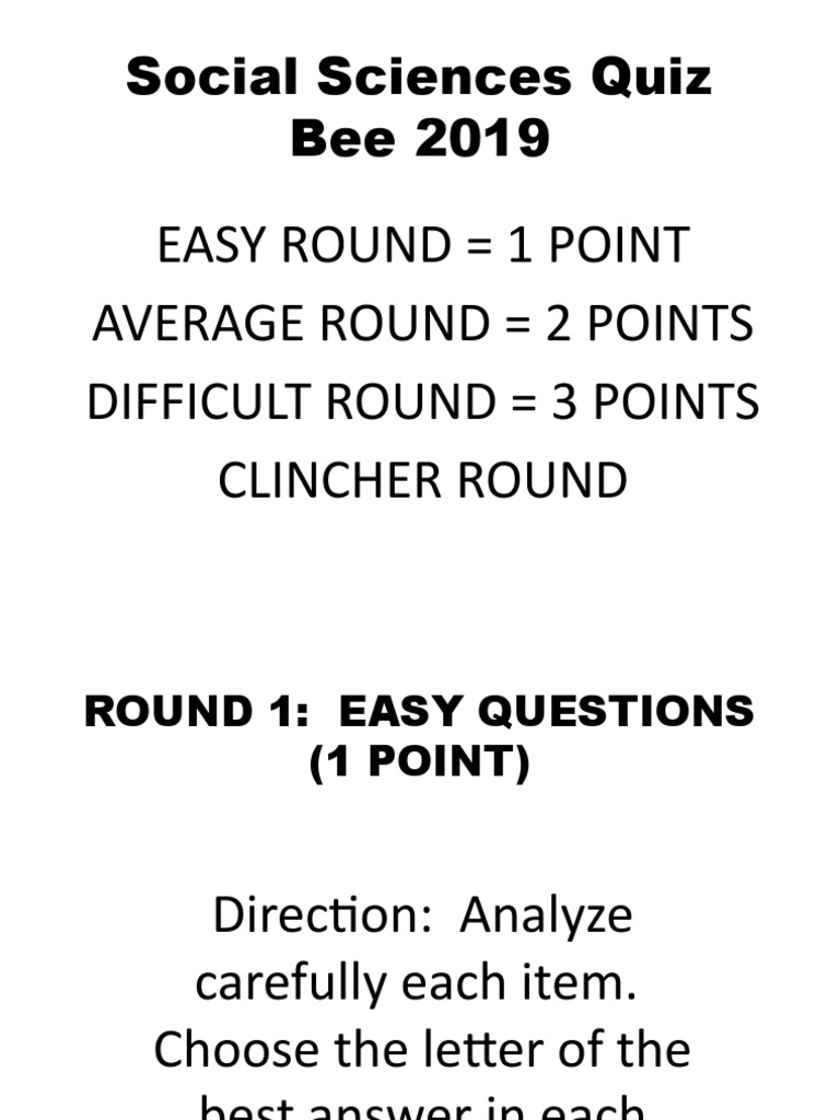 Social Sciences Quiz Bee 2019: Easy Round 1 Point Average Round 2 ...