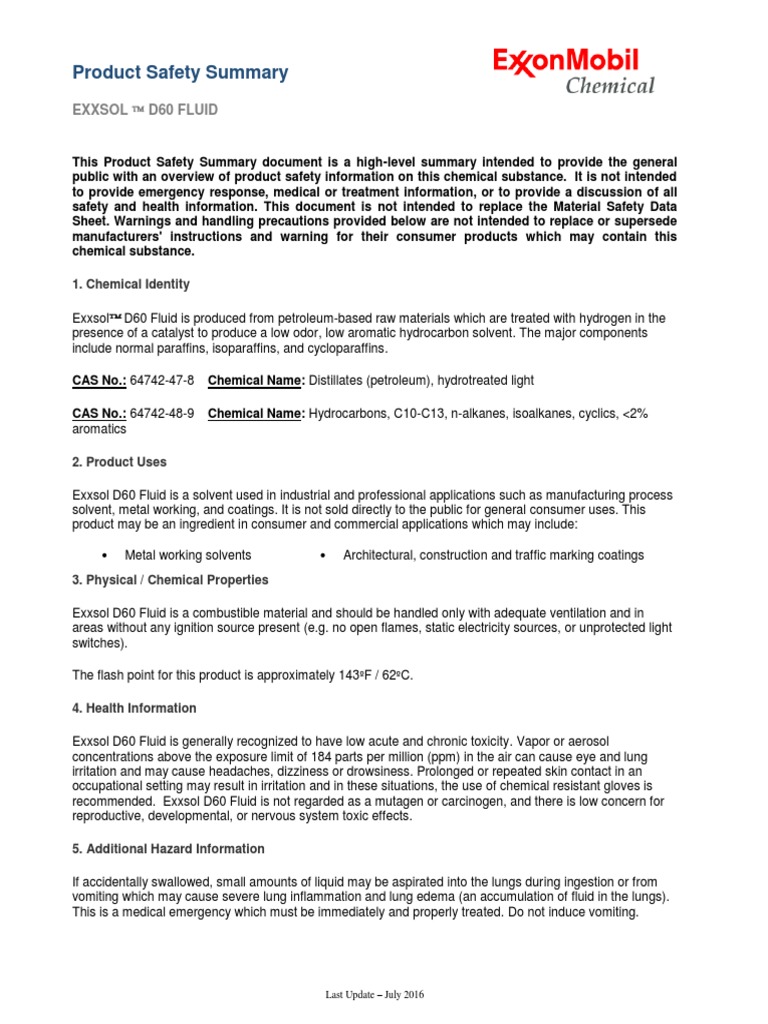 Product Safety Summary: Exxsol D60 Fluid | PDF | Toxicity | Chemical Substances