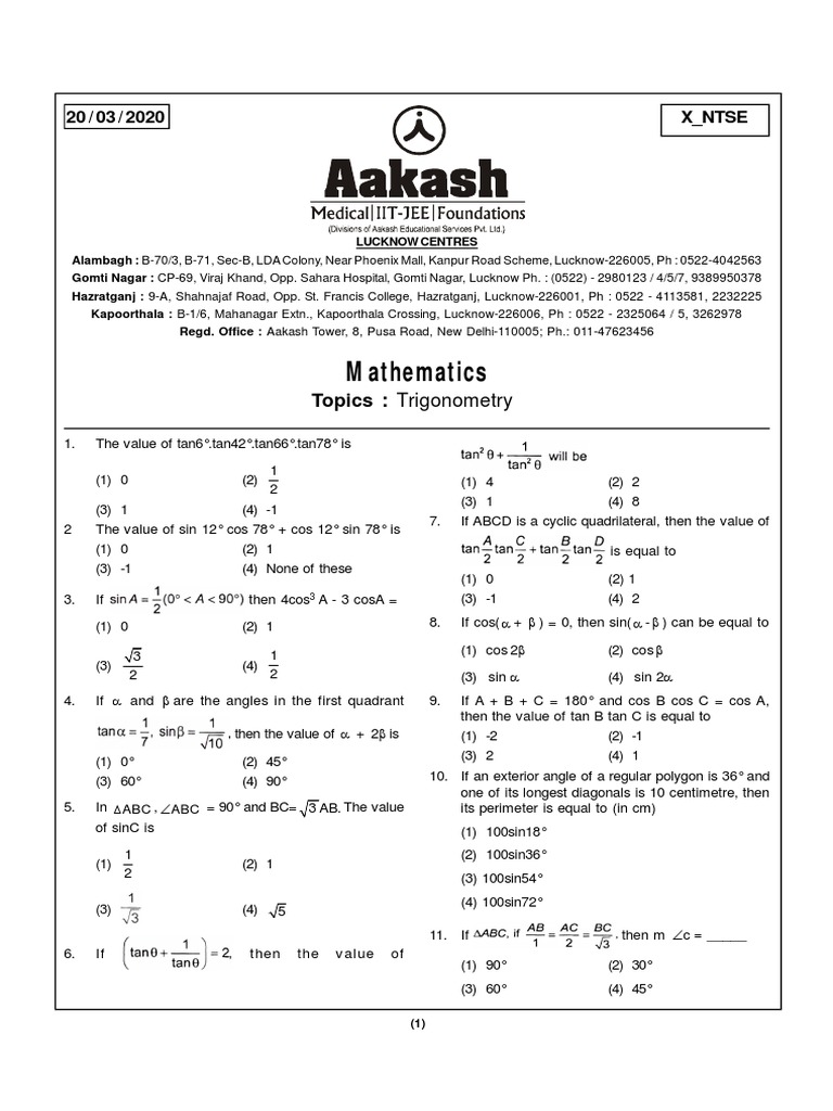 10 - NTSE - 20-03-2020 - Maths (Trigonometry) | PDF | Trigonometric ...