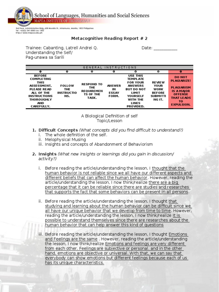 Metacognitive Reading Report # 2: General Instructions | PDF | Self ...