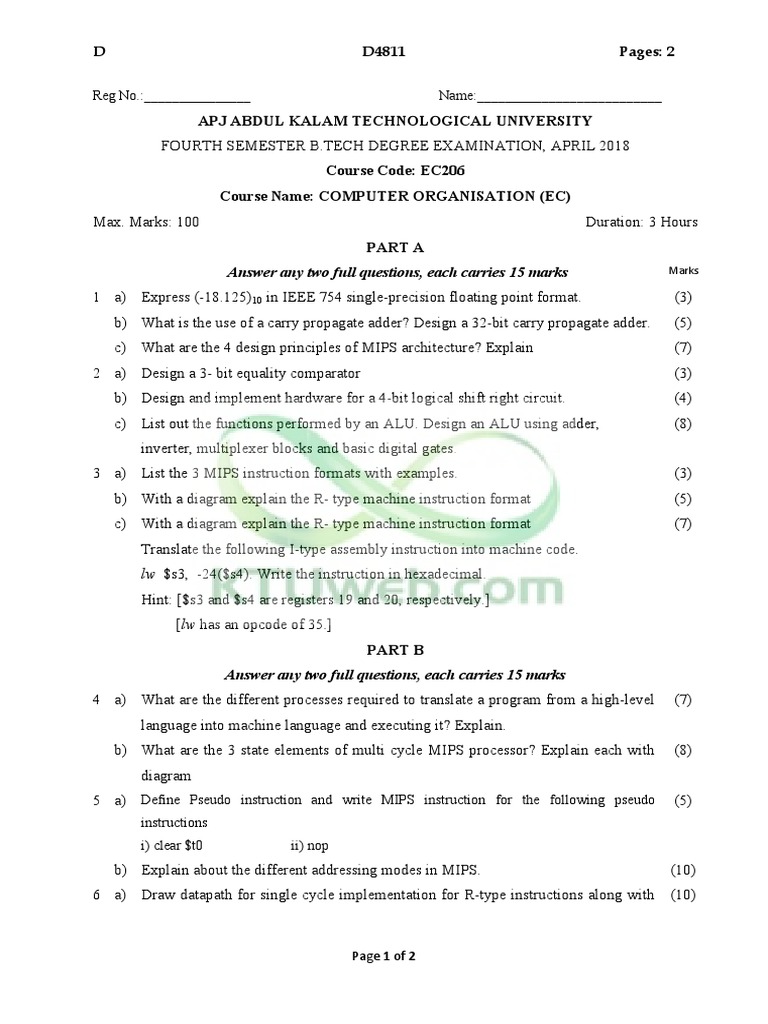 Answer Any Two Full Questions, Each Carries 15 Marks: Reg No.: - Name | PDF | Cpu Cache ...