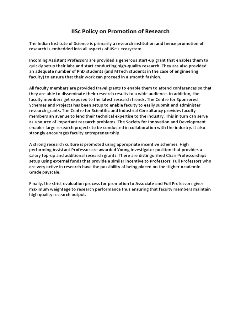 IISc Policy On Promotion of Research | PDF | Business