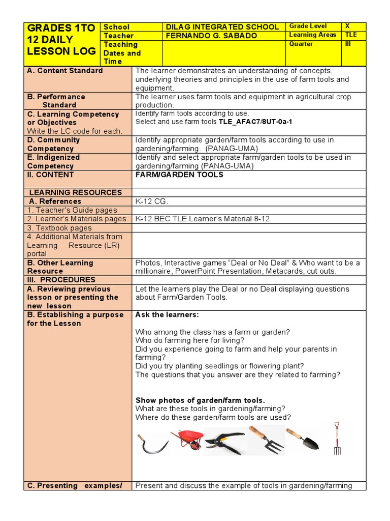 Grades 1to 12 Daily Lesson Log: Identify Farm Tools According To Use ...