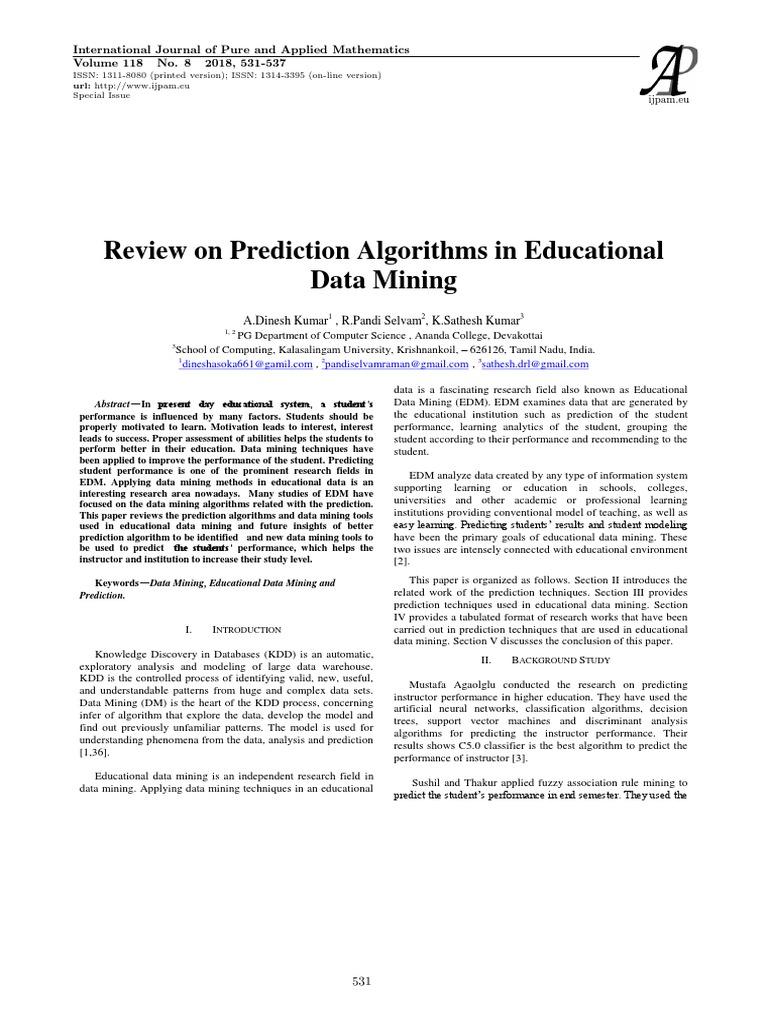 Review On Prediction Algorithms in Educational Data Mining: A.Dinesh Kumar, R.Pandi Selvam, K ...