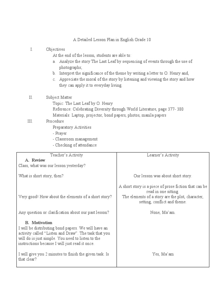 Grade 10 English Lesson Plan: The Last Leaf | PDF | O. Henry