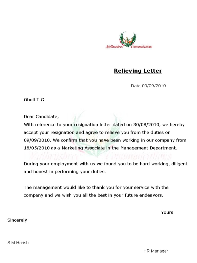 Relieving Letter