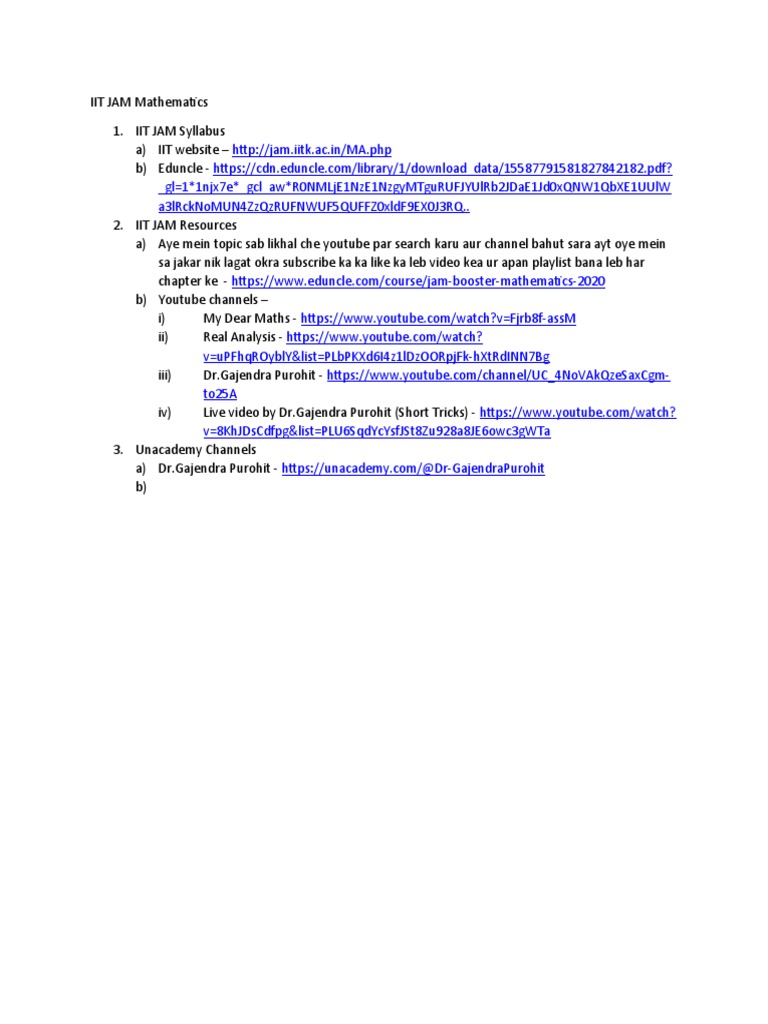 IIT JAM Mathematics RESOURCES | PDF