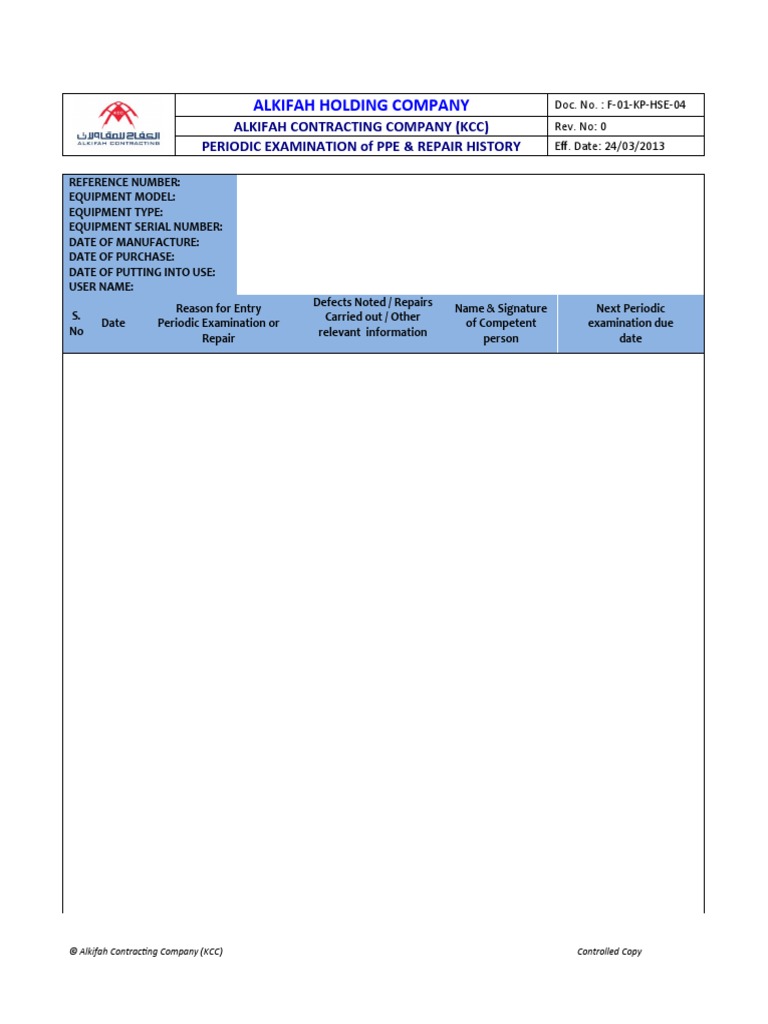 Periodic Examination of PPE & Repair History F-01-KP-HSE-04 | PDF ...