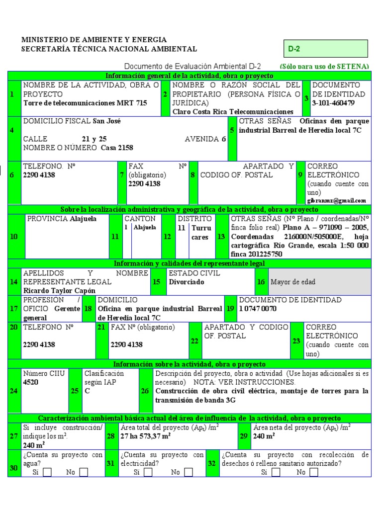 Formulario D2-SETENA-Version Oficial - TORRES TELECOMUNICACIONES | PDF ...