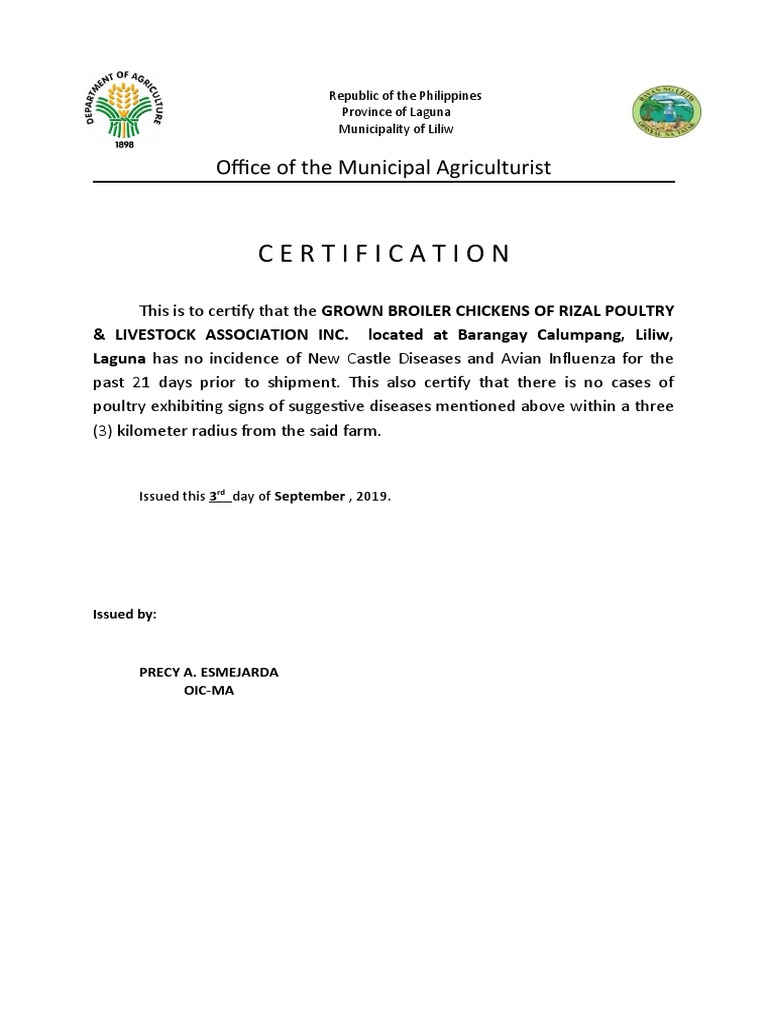 Certification: Office of The Municipal Agriculturist | PDF | Livestock ...