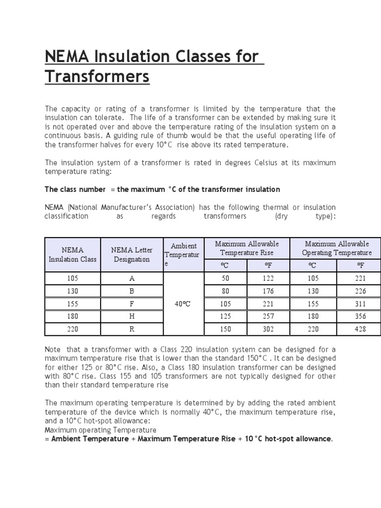NEMA Insulation Classes for Transformers | PDF