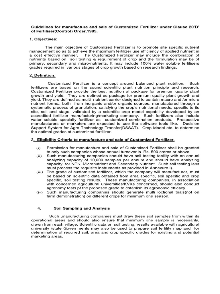 Guidelines For Manufacture and Sale of Customized Fertilizer Under ...
