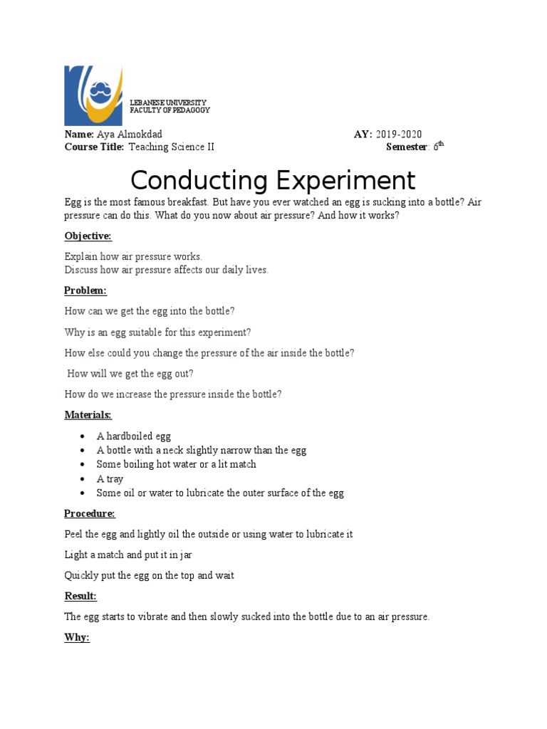 Conducting Experiment: Name: Aya Almokdad Course Title: Teaching ...