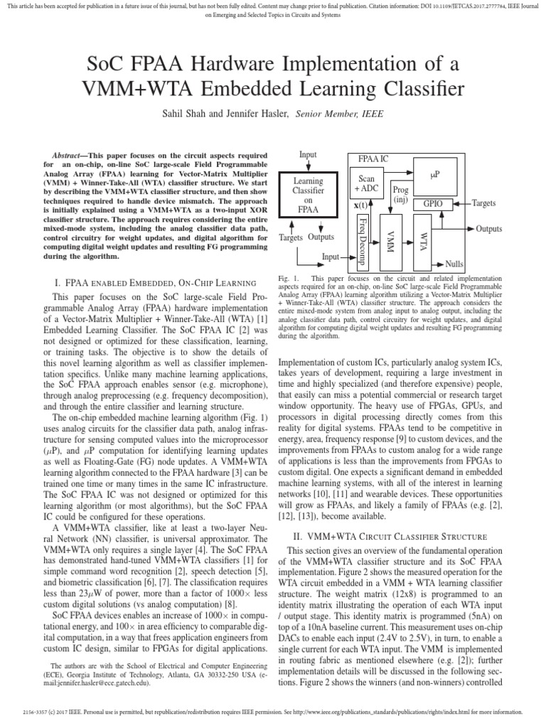 Soc Fpaa Hardware Implementation of A Vmm+Wta Embedded Learning Classifier | PDF | System On A ...