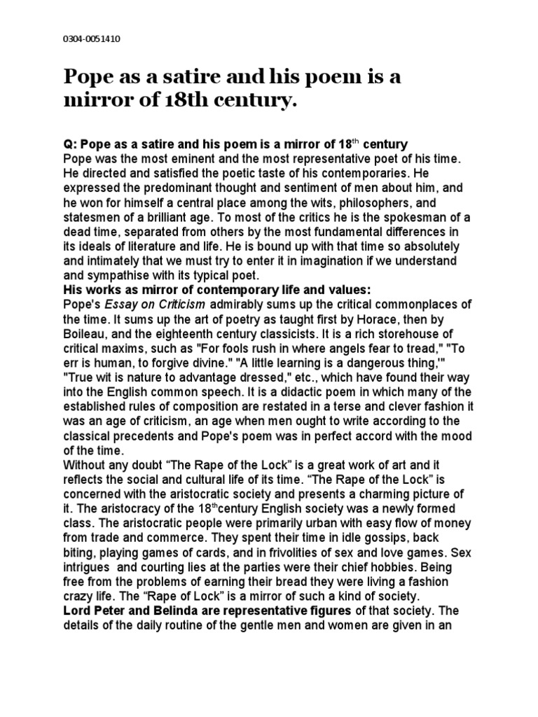 Pope As A Satire and His Poem Is A Mirror of 18th Century | PDF ...