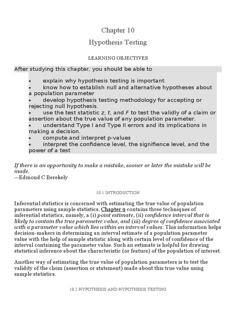 CHAPTER 10 Hypothesis Testing | PDF | Statistical Hypothesis Testing ...