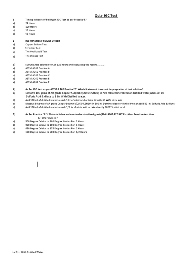Quiz-IGC Test: Timing in Hours of Boiling in IGC Test As Per Practice ...