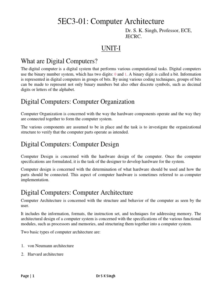 5EC3-01: Computer Architecture: Unit-I What Are Digital Computers ...