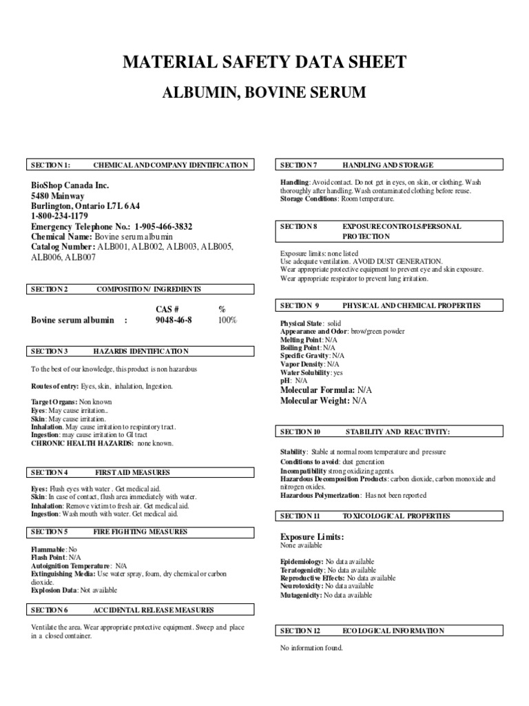 Material Safety Data Sheet: Albumin, Bovine Serum | PDF | Oxide | Fires