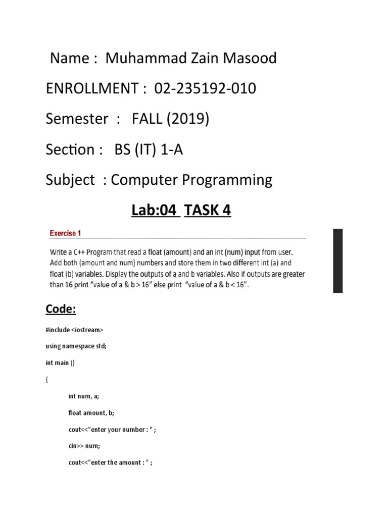 Muhammad Zain Masood Lab 4 Tasks.. | PDF | Notation | Computer Programming