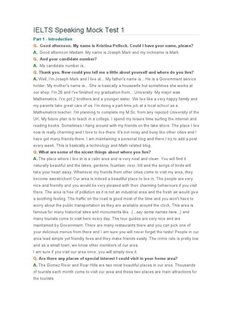 Ielts Speaking Mock Test 1 Pdf Motel Hospital