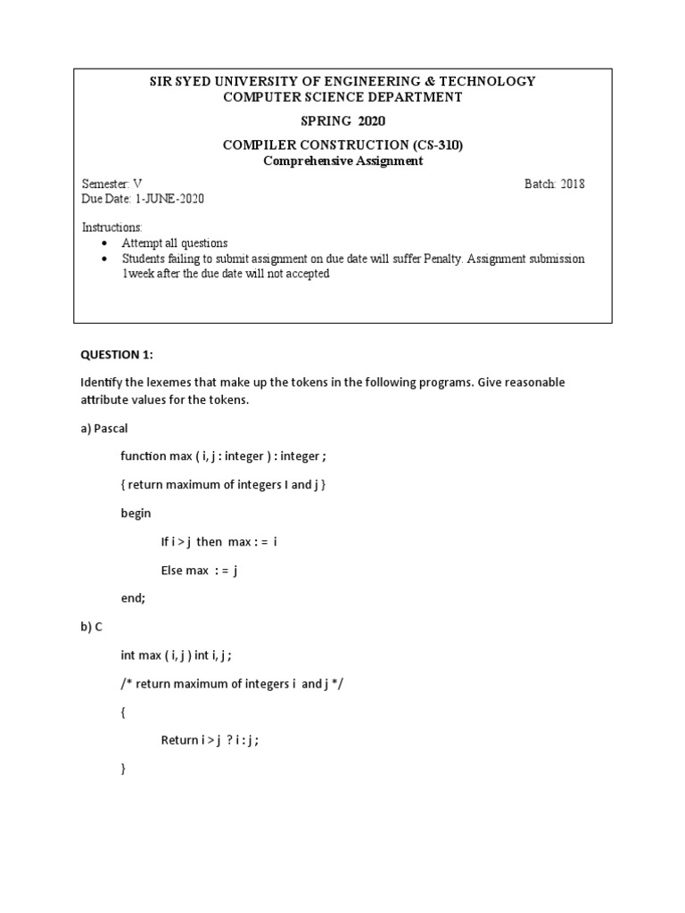 Sir Syed University of Engineering & Technology Computer Science Department SPRING 2020 Compiler ...