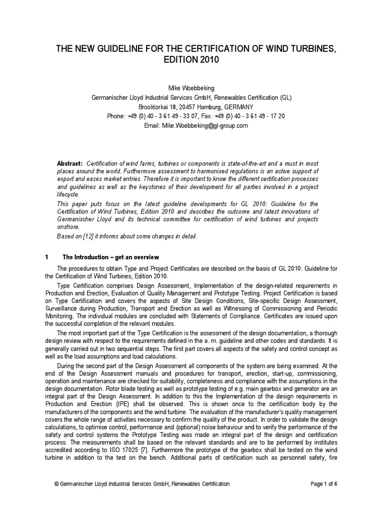 The New Guideline For The Certification Of Wind Turbines Edition 2010