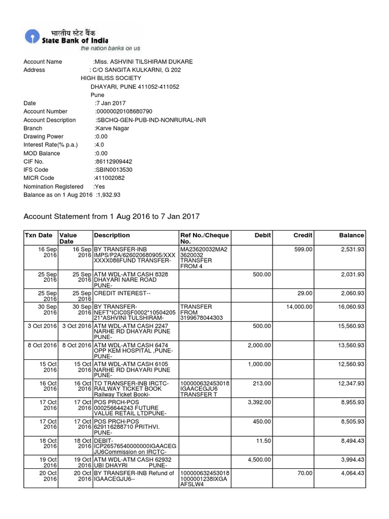 Account Statement From 1 Aug 2016 To 7 Jan 2017: TXN Date Value Date Description Ref No./Cheque ...