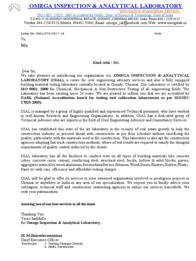 Omega Introduction Letter Civil With Letter-1 | PDF | Laboratories ...