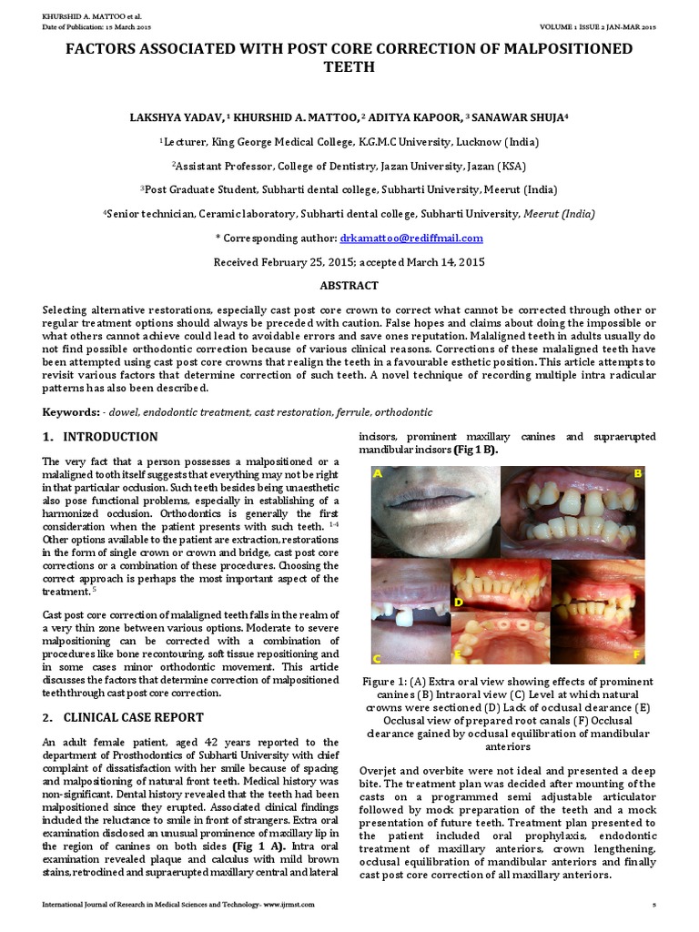 Factors Associated With Post Core Correction of Malpositioned Teeth ...