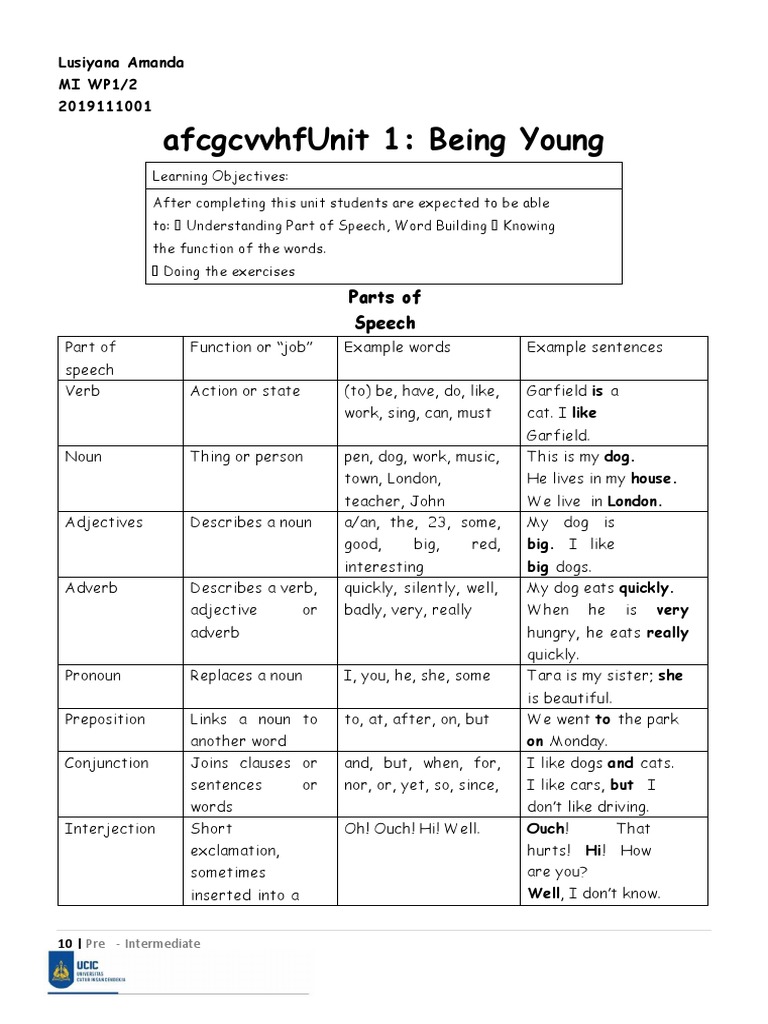Afcgcvvhfunit 1: Being Young: Parts of Speech | PDF | Adverb | Noun