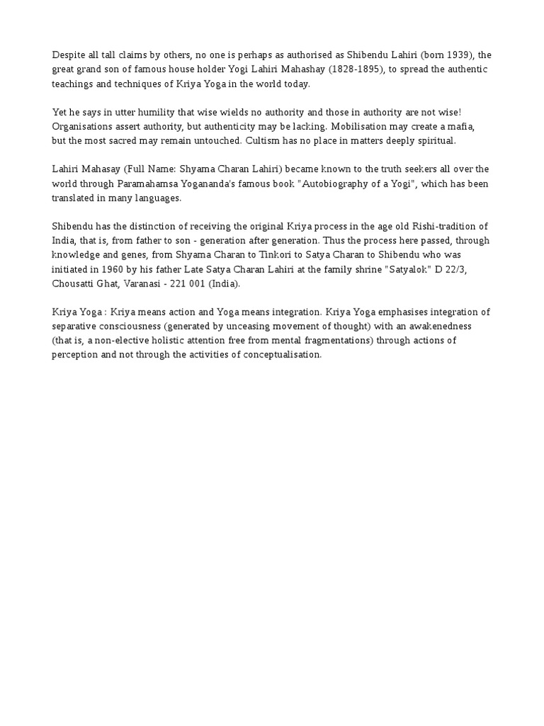 Authentic Kriya Yoga by Shibendu Lahiri | PDF