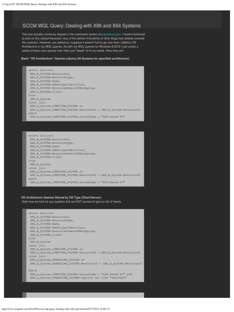 A Cup of IT - SCCM WQL Query - Dealing With X86 and X64 Systems 2 | PDF ...