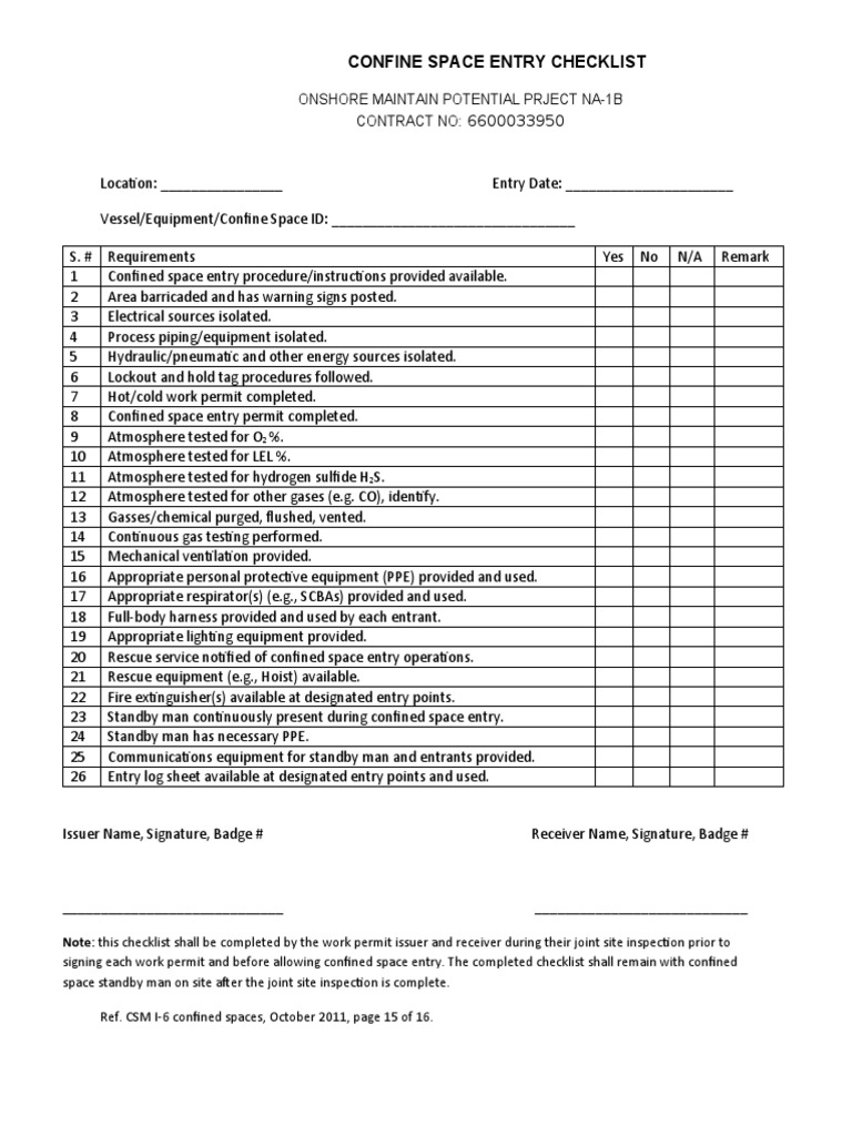 Confined Space Entry Checklist | PDF | Safety | Gases