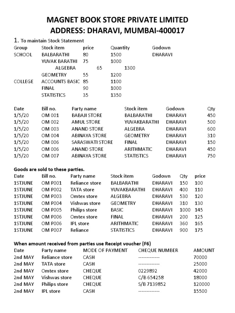 Tally-9 - Practical - Questions - Sample - 2 PDF | PDF | Cheque | Payments
