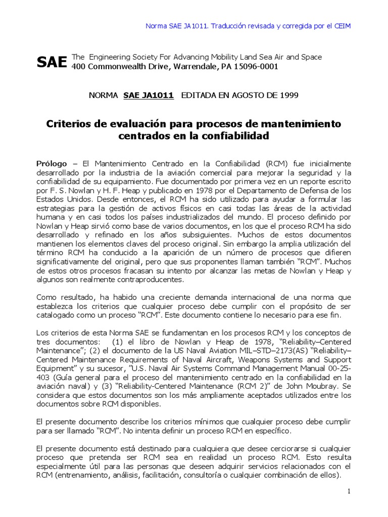 Norma SAE JA1011: Criterios RCM | PDF | Probabilidad | Usuario ...