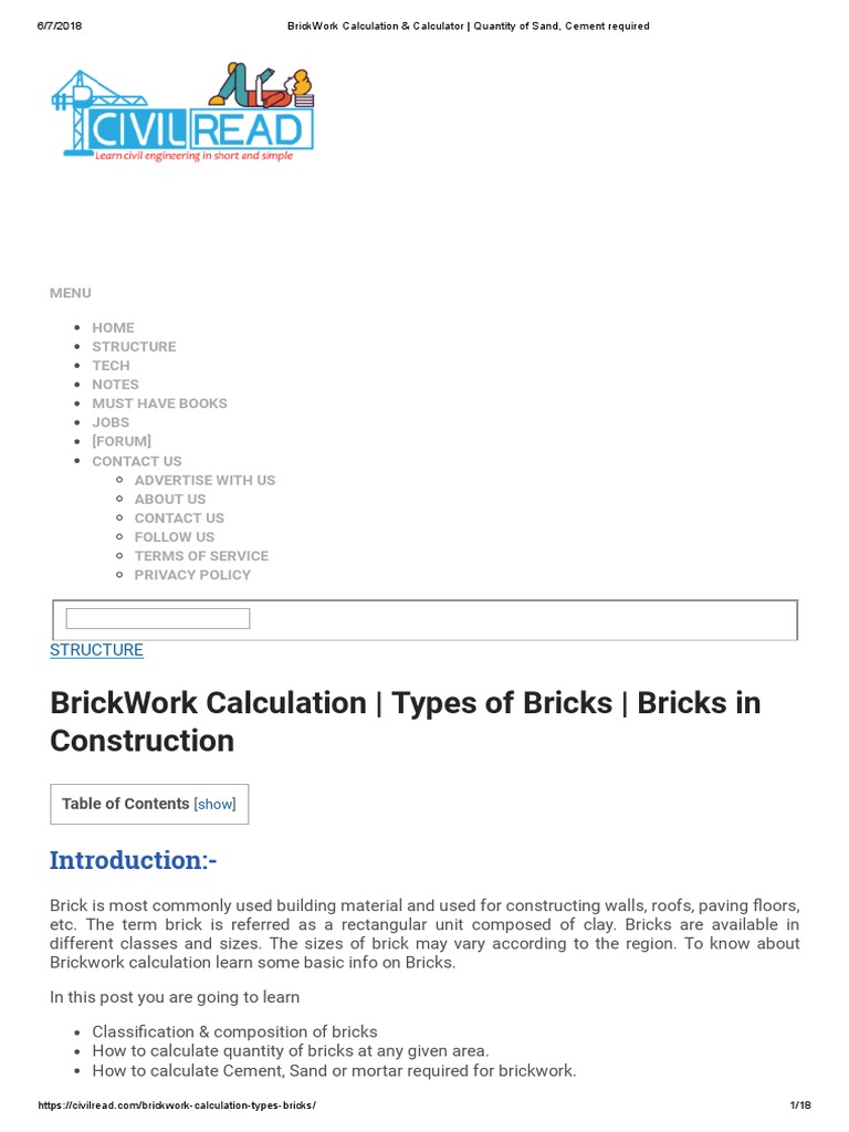 BrickWork Calculation & Calculator - Quantity of Sand, Cement Required ...