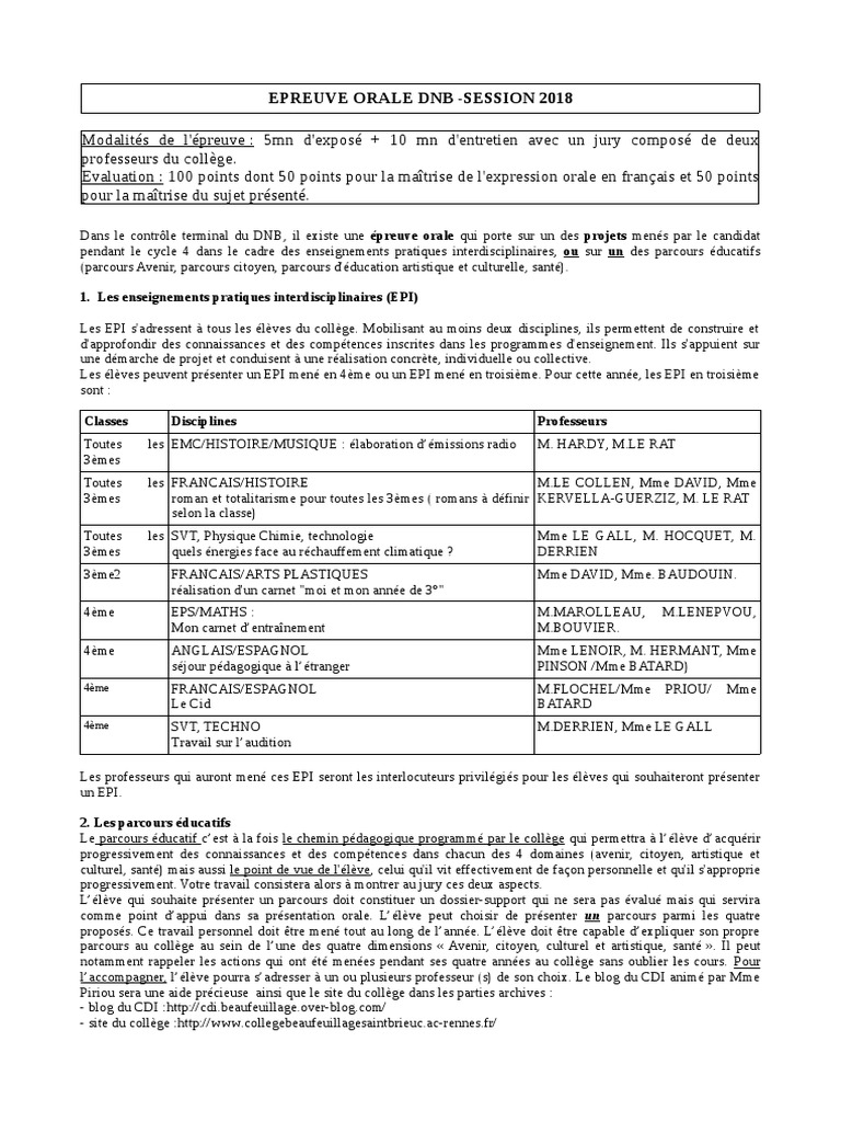 Epreuve orale DNB : Présentation EPI | PDF | Éducation civique ...