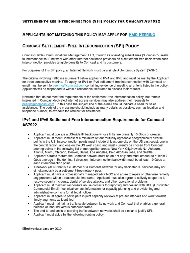 Comcast SFI Policy - Jan-2010 | PDF | I Pv6 | Ip Address