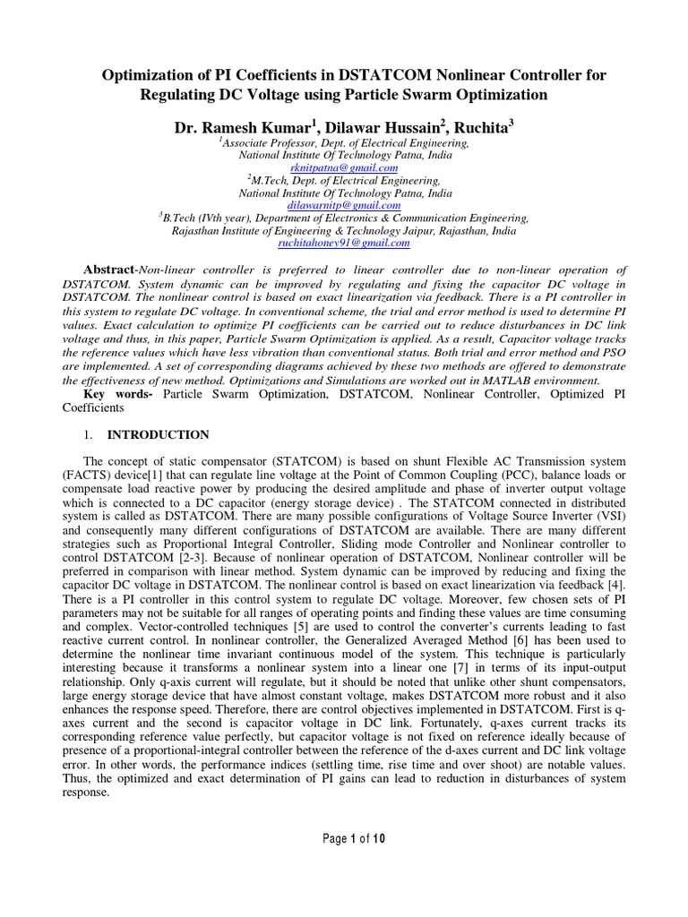 Optimization of PI Coefficients in DSTATCOM Nonlinear Controller For Regulating DC Voltage Using ...