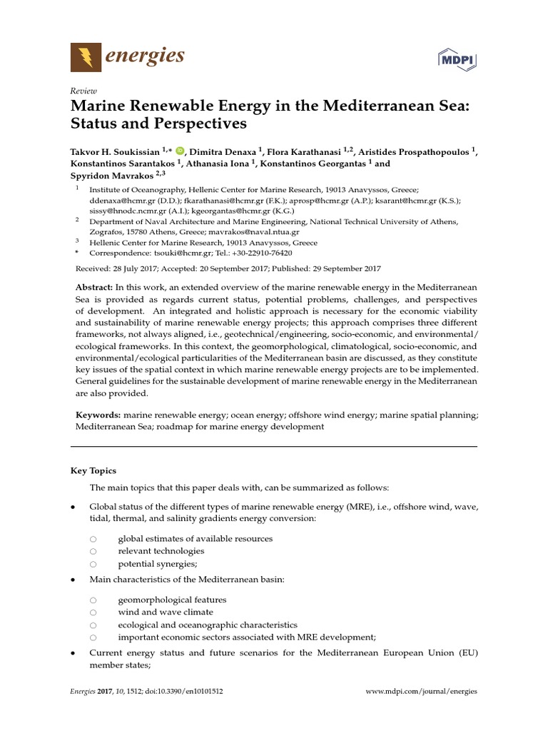 Energies: Marine Renewable Energy in The Mediterranean Sea: Status and ...