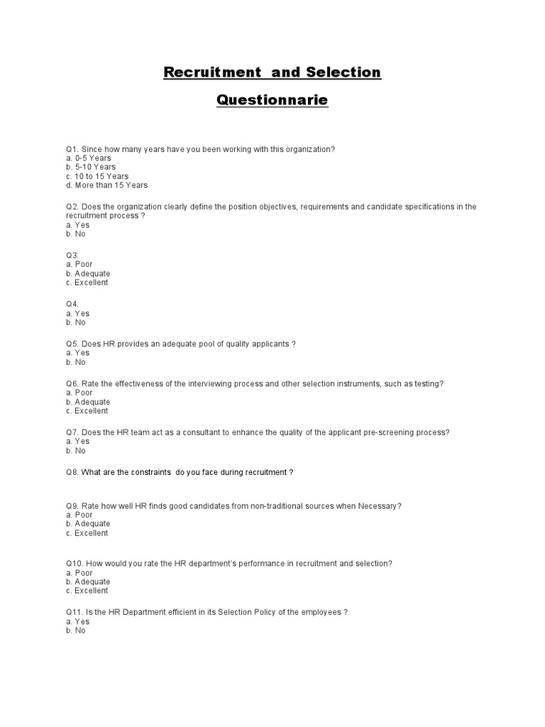 Recruitment and Selection QUESTIONNAIRE | PDF