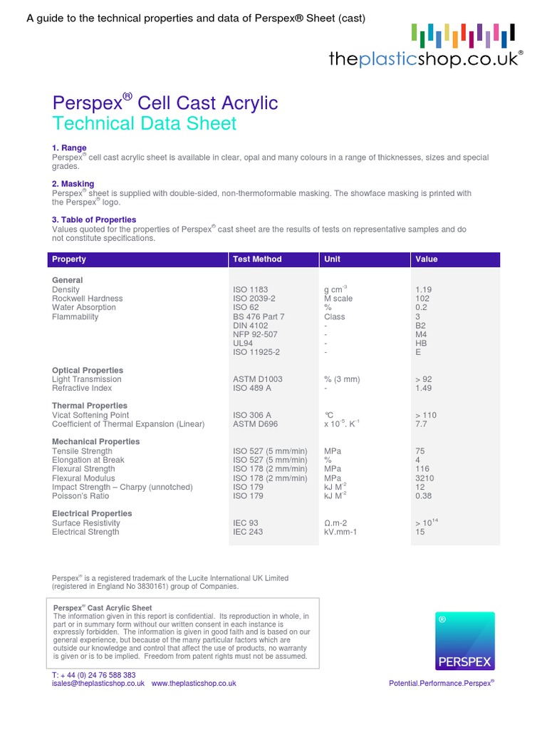 Perspex Cell Cast Acrylic: Technical Data Sheet | PDF | Poly(Methyl ...