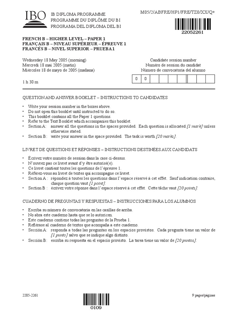 French B HL Paper 1 Question Booklet | PDF | La nature